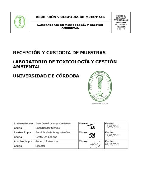 Recepción Y Custodia De Muestras En Laboratorio Pdf Laboratorios