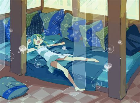 Safebooru 1girl Aano 10bit Air Bubble Bed Bed Sheet Blanket Blue
