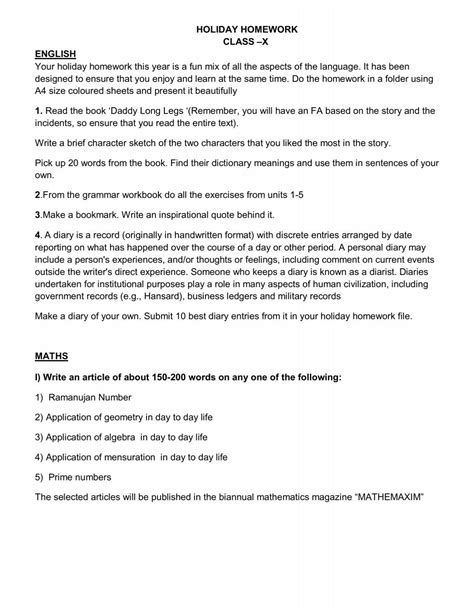 Holiday Homework Class X Apeejay Education Society