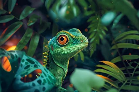 A Green Lizard Sitting On Top Of A Lush Green Plant Generative Ai