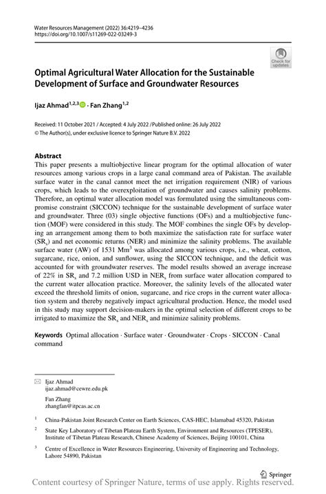 Optimal Agricultural Water Allocation For The Sustainable Development Of Surface And Groundwater