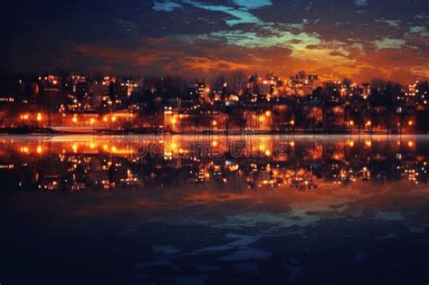 Reflection Of City Lights On A Calm River At Night Stock Illustration