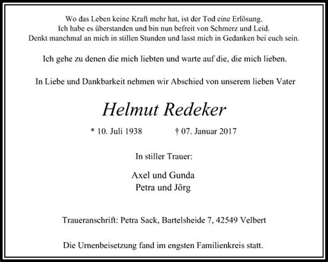 Traueranzeigen Von Helmut Redeker Trauer In Nrwde