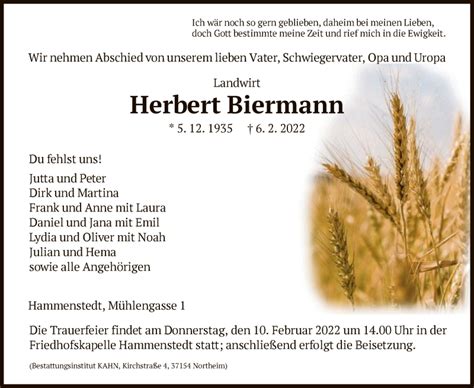 Traueranzeigen Von Herbert Biermann Trauerhnade