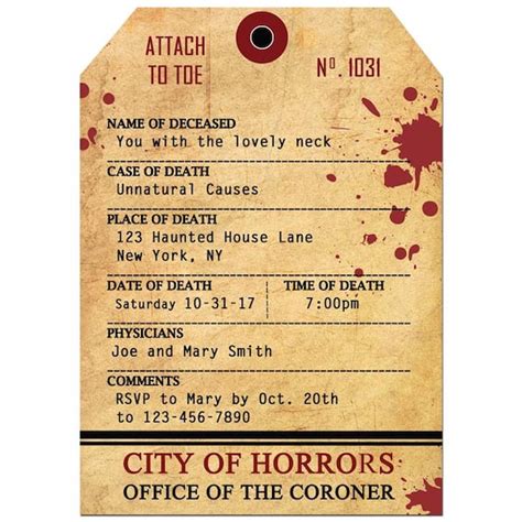 Halloween Toe Tag Invitation Printable Or Printed With Free Etsy