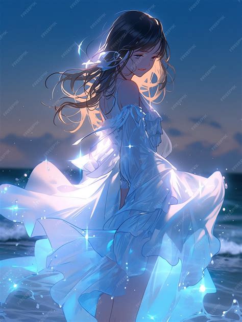 Premium Photo Anime Girl In A White Dress Walking On The Beach