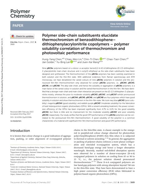 Pdf Polymer Side Chain Elucidating Thermochromism Of Benzodithiophene