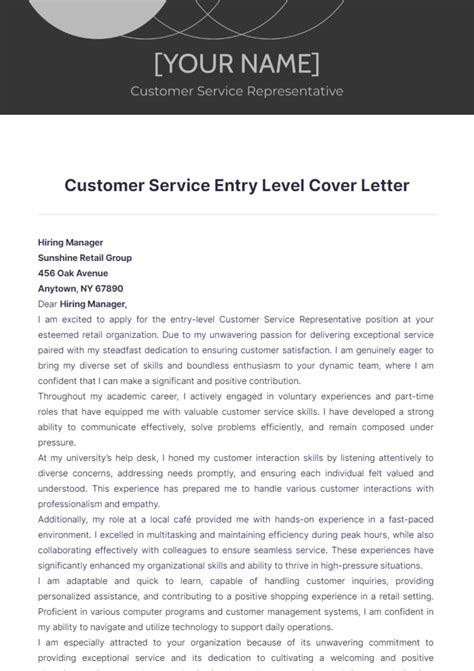Free Customer Service Entry Level Cover Letter Template To Edit Online