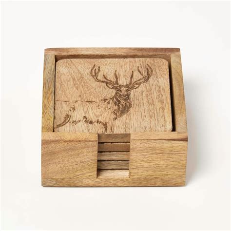 Homescapes Wooden Coaster Set With Stag Design Set Of 4 Tesco Groceries