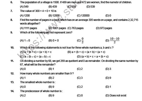 Cbse Class 6 Mathematics Whole Numbers Mcqs Set A With Answers