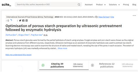 Citation Report Optimisation Of Porous Starch Preparation By Ultrasonic Pretreatment Followed