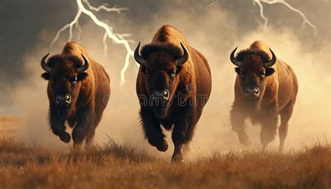Three Buffalo Thunder Across North American Prairie Bison Stampede