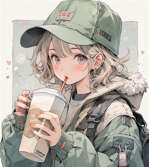 Premium Ai Image Anime Girl With A Hat And A Drink In Her Hand