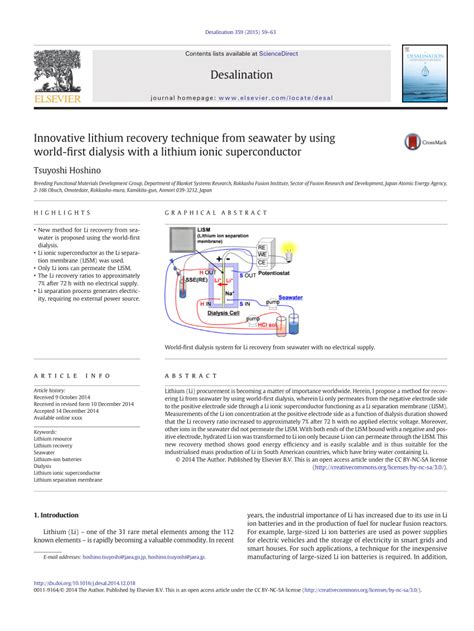 Pdf Innovative Lithium Recovery Technique From Seawater By Using World First Dialysis With A