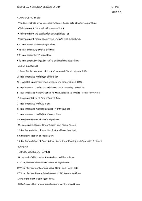 Cs3311 Data Structures Laboratory L T P C Cs3311 Data Structures Laboratory L T P C 0 0 3 1