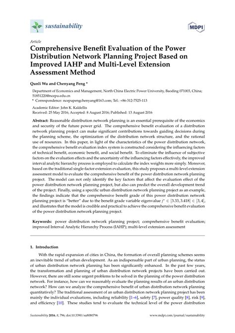 Pdf Comprehensive Benefit Evaluation Of The Power Distribution Network Planning Project Based