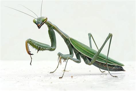 Premium Photo A Green Grasshopper With A Long Neck Sits On A White