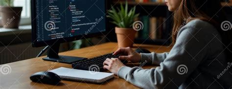 Banner For Woman Coding At Desktop Computer In Cozy Home Office Female