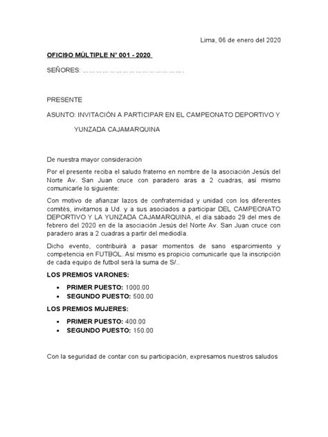 Invitación A Campeonato Deportivo 2020 Pdf Deportes Y Actividades