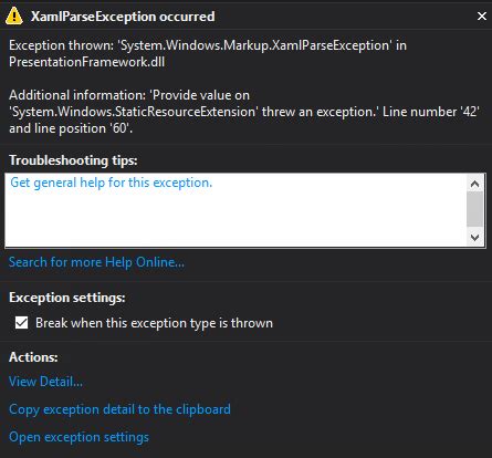 Wpf System Windows Markup Xamlparseexception Was Unhandled Stack Overflow
