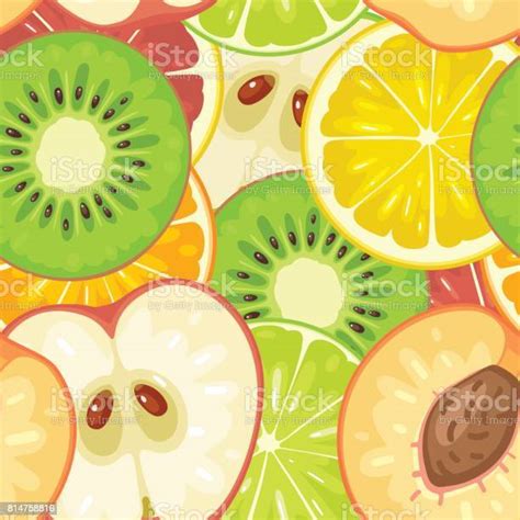 Buahbuahan Bermotif Mulus Iris Apel Kiwi Persik Jeruk Nipis Lemon Jeruk Ilustrasi Stok Unduh