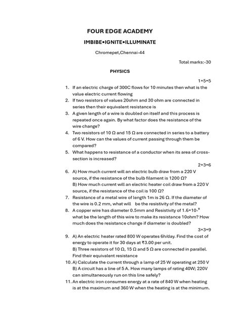 Physics 30 Marks Test 1 Pdf Electrical Resistance And Conductance