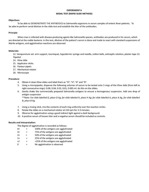 Experiment 6 Widal Test Rapid Slide Method Experiment 6 Widal