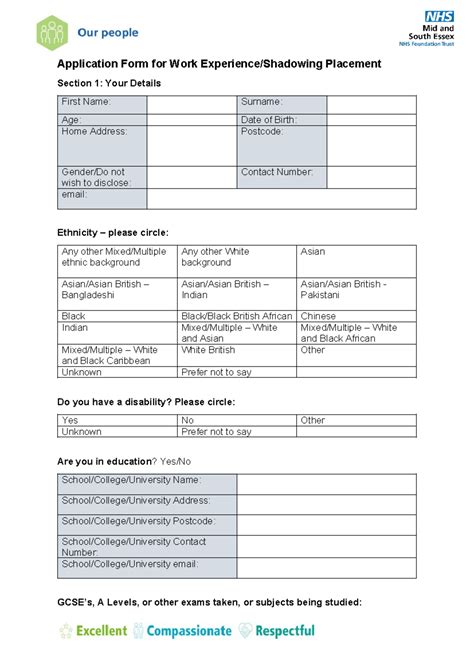 1 Application Form For Work Experience Application Form For Work Experience Shadowing
