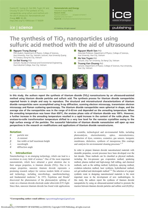 Pdf The Synthesis Of Tio 2 Nanoparticles Using Sulfuric Acid Method