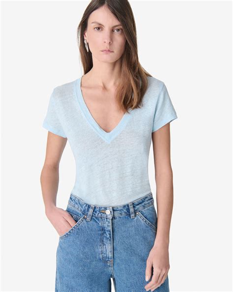 Rodeo Women Blue Linen Short Sleeved V Neck T Shirt Iro