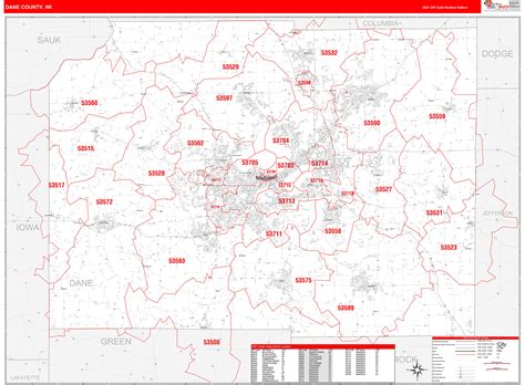 Dane County Wi Zip Code Wall Map Red Line Style By Marketmaps Mapsales