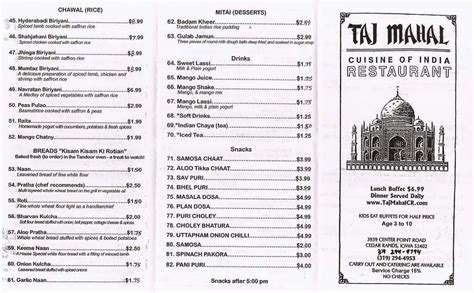 Menu At Taj Mahal Cuisine Of India Restaurant Cedar Rapids