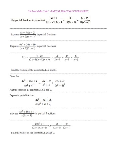 Partial Fractions Worksheet Pdf