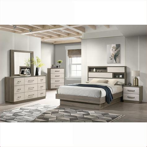 Bedroom Set 5 Piece King Modern Cream And Dark Brown Wood With Storage Usb Ports Wood Standard