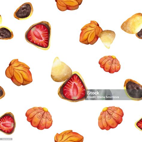 손으로 그린 전통적인 일본 과자가 있는 수채화 이음매 없는 패턴 와가시 떡 가을 단풍 흰색 배경에 격리되어 있습니다 초대장 레스토랑 메뉴 인사말 카드 인쇄 섬유 0명에 대한