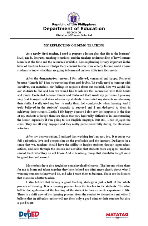 Reflection In Demo Teaching Republic Of The Philippines Department Of