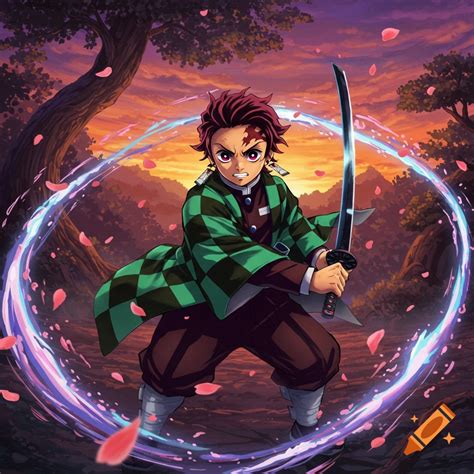Anime Character Tanjiro Kamado In A Dynamic Battle Stance With A Sword