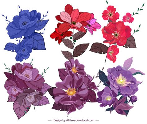 Flowers Icons Colored Classical Design Vectors Images Graphic Art