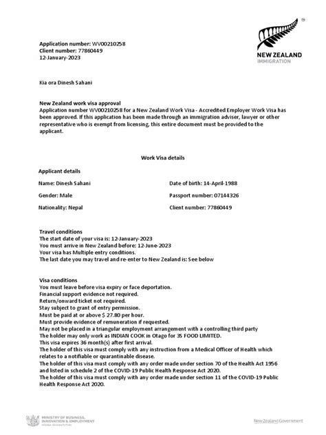 Nz Work Visa Approved Pdf Travel Visa International Relations