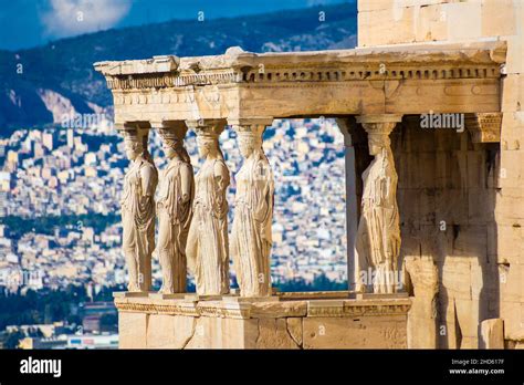 The Caryatides Female Statues In The Acropolis Of Athens Greece Stock