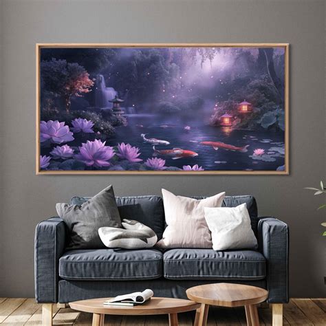 Tranquil Koi Pond Wall Art Canvas Print Mystical Lantern Lights