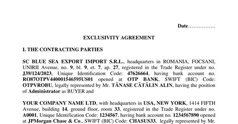 Exclusivity Agreement Model Blue Sea Export Import Srl Doc Docdroid