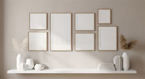 Empty Wooden Frame Gallery Wall Mockup Modern Home Decor Display Stock