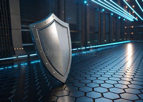 Futuristic Shield Protecting Data In A High Tech Facility Stock