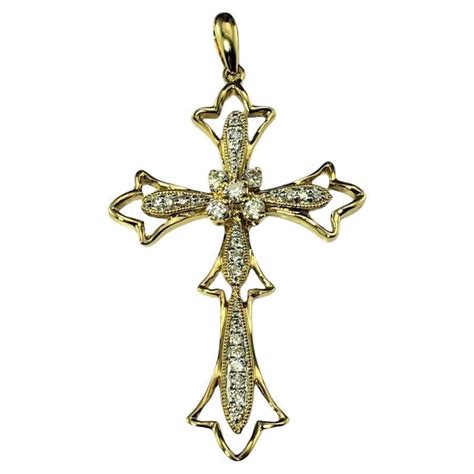 Vintage 18 Karat Yellow Gold And Silver Diamond Cross Pendant For Sale