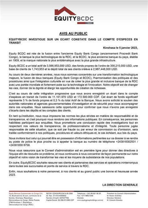 Rdc La Banque Equity Bcdc Annonce Une Perte De Plus De 11 Millions De Dollars Dans Son Compte