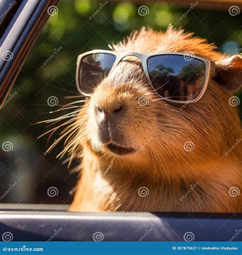 Capybara Wearing Sunglasses Leaning Against A Car Door Stock