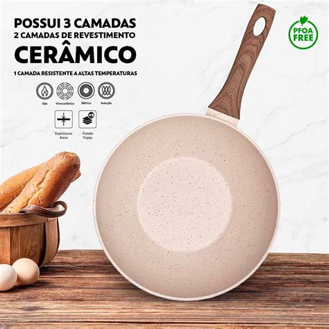 Frigideira Wok De Alumínio Fundo Triplo Revestida De Cerâmica 28cm Marmol Cook Vanilla 415 Litros