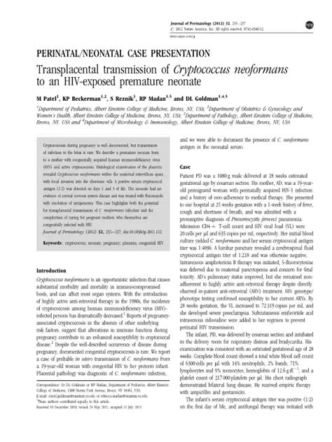 Transplacental Transmission Of Cryptococcus Neoformans To An Hiv Exposed Premature Neonate Docslib