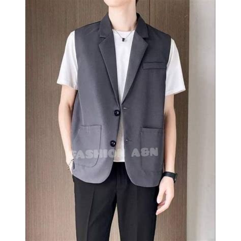 Jual Outer Pria Keren Jas Pria Tanpa Lengan Rompi Vest Formal Pria Warna Abu Shopee Indonesia